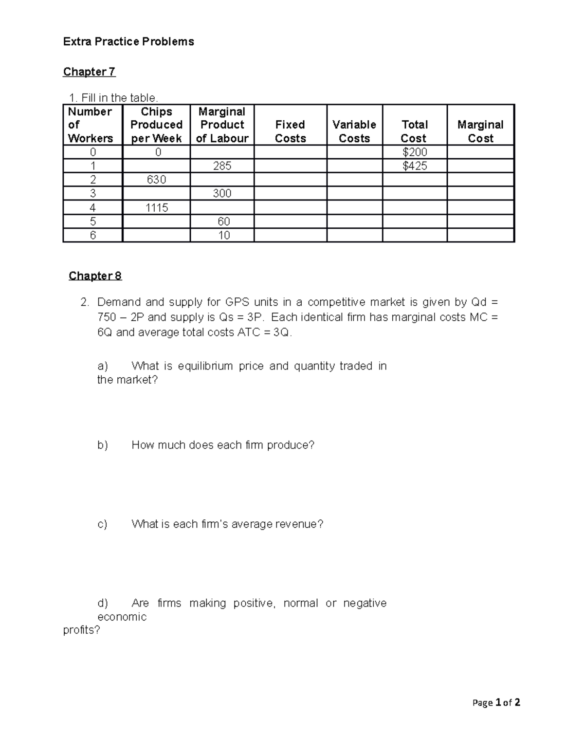 Chapter 7 and 8 Practice Problems - Extra Practice Problems Chapter 7 Fill in the table. Number ...