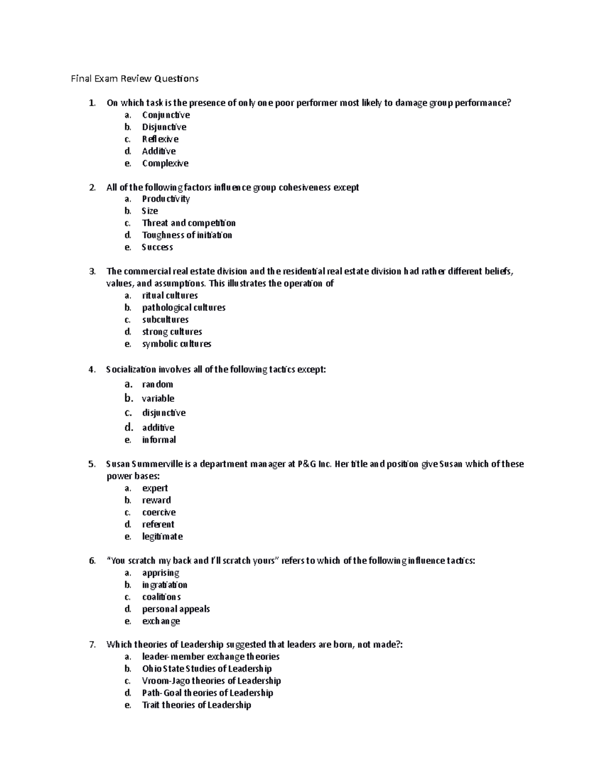 Final Exam Review Questions - Conjunctive b. Disjunctive c. Reflexive d ...