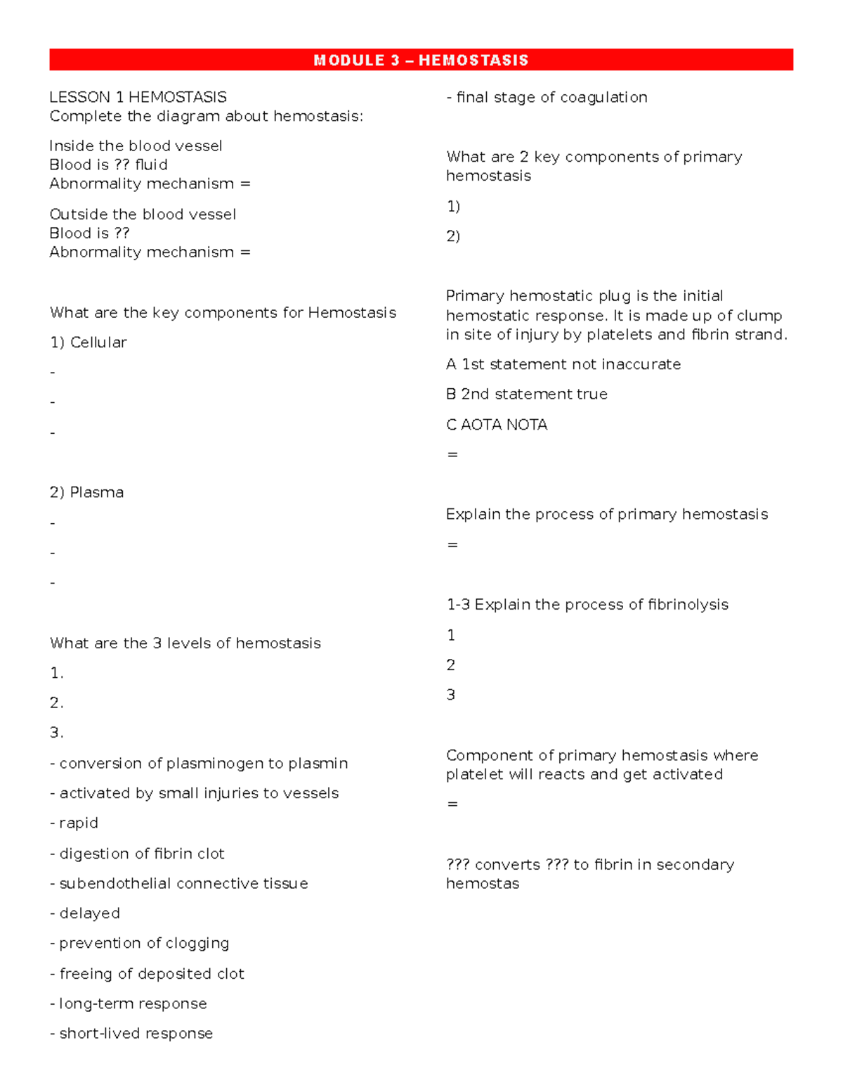 III - Hemostasis Advance READ - MODULE 3 – HEMOSTASIS LESSON 1 ...