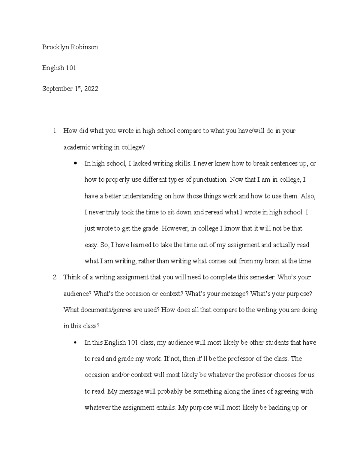 Academic Writing - Brooklyn Robinson English 101 September 1st, 2022 ...