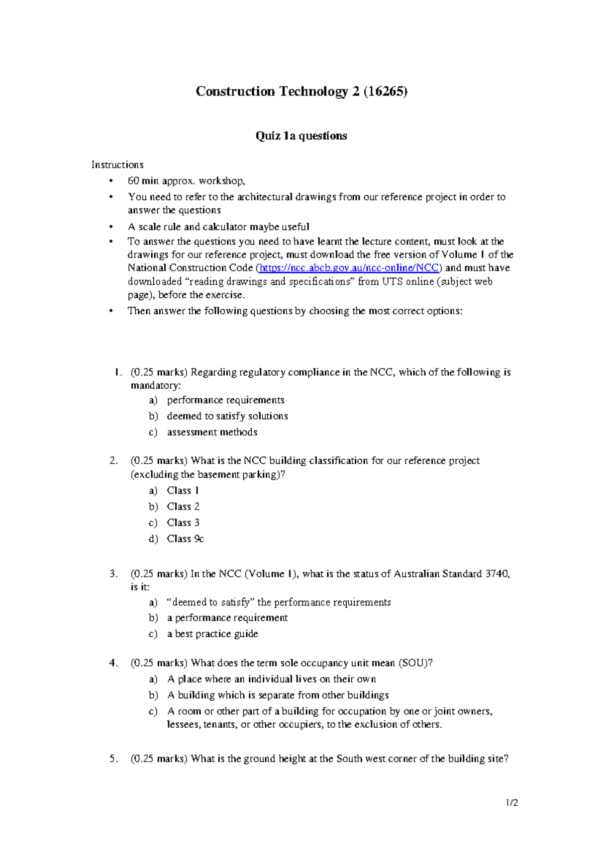 Quiz 1A Questions Construction Technology University of Sydney ...