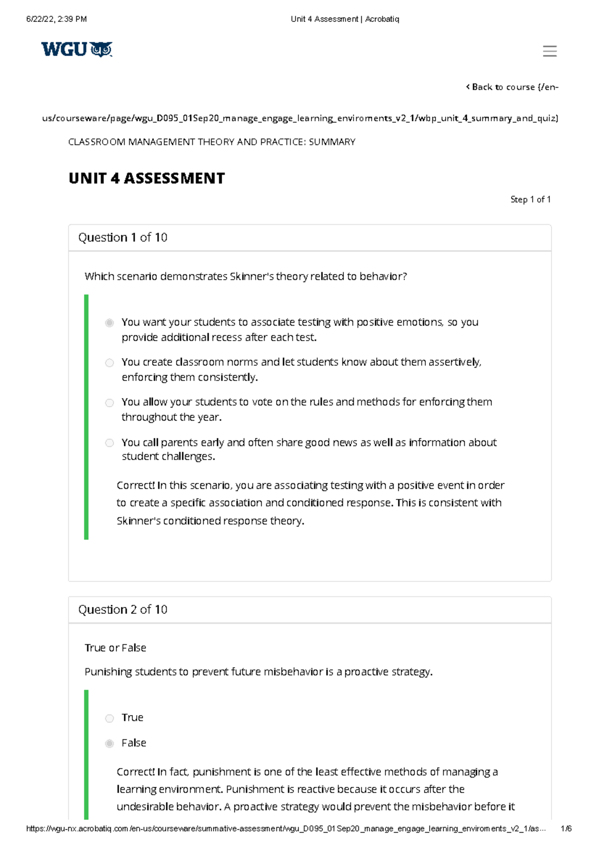 D095 Unit 4 Quiz - Study materials. - CLASSROOM MANAGEMENT THEORY AND ...