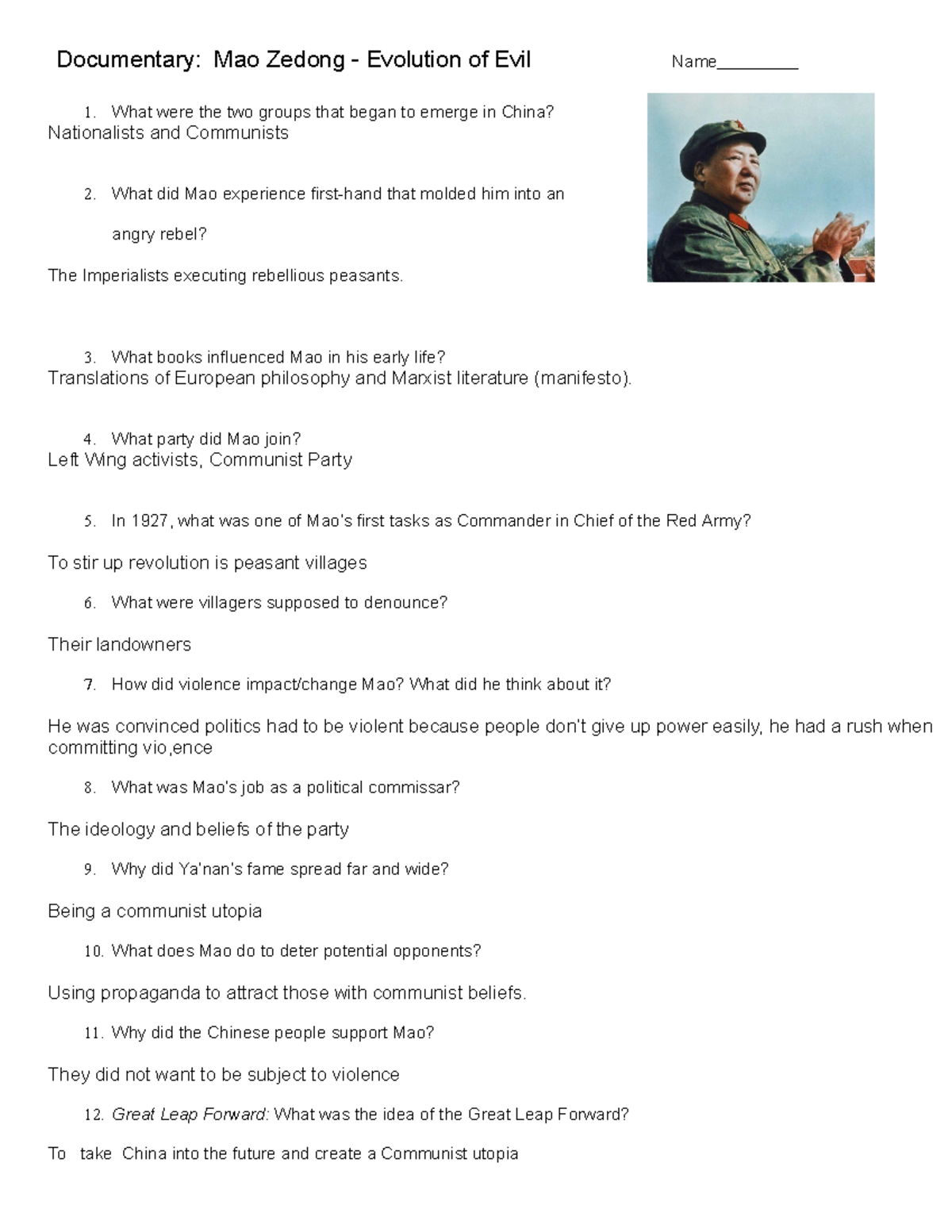 01. Evolution of Evil worksheet questions - Documentary: Mao Zedong ...