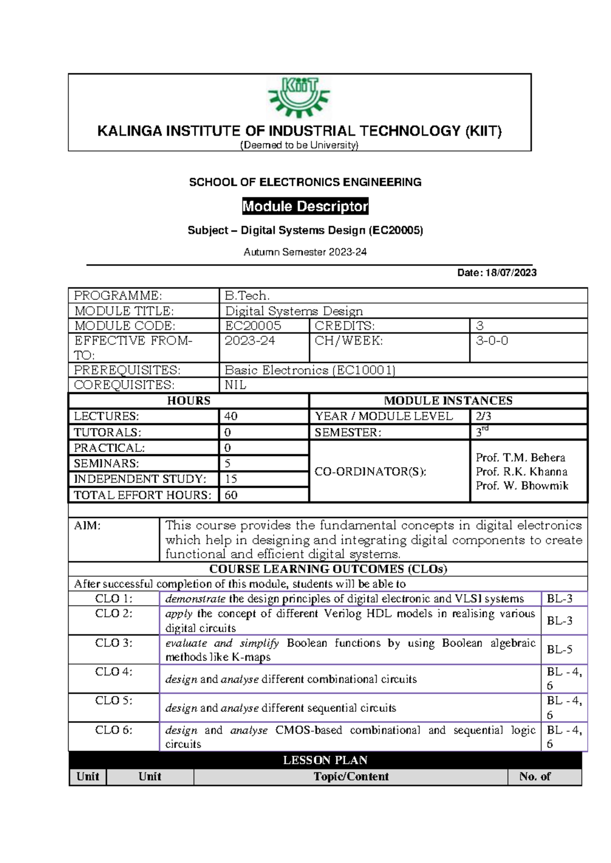 Dsd hand courseout - Syllabus for dsd. - KALINGA INSTITUTE OF INDUSTRIAL TECHNOLOGY (KIIT ...