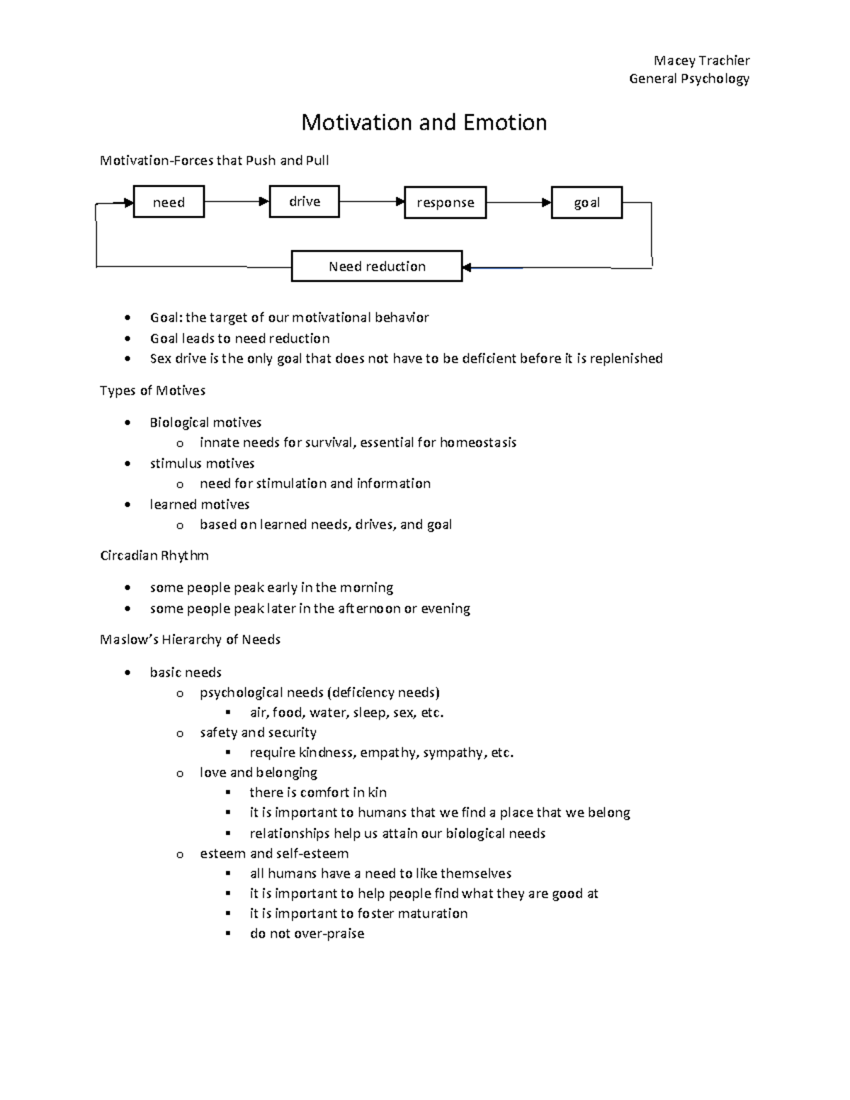 Motivation and Emotion - Macey Trachier General Psychology Motivation ...