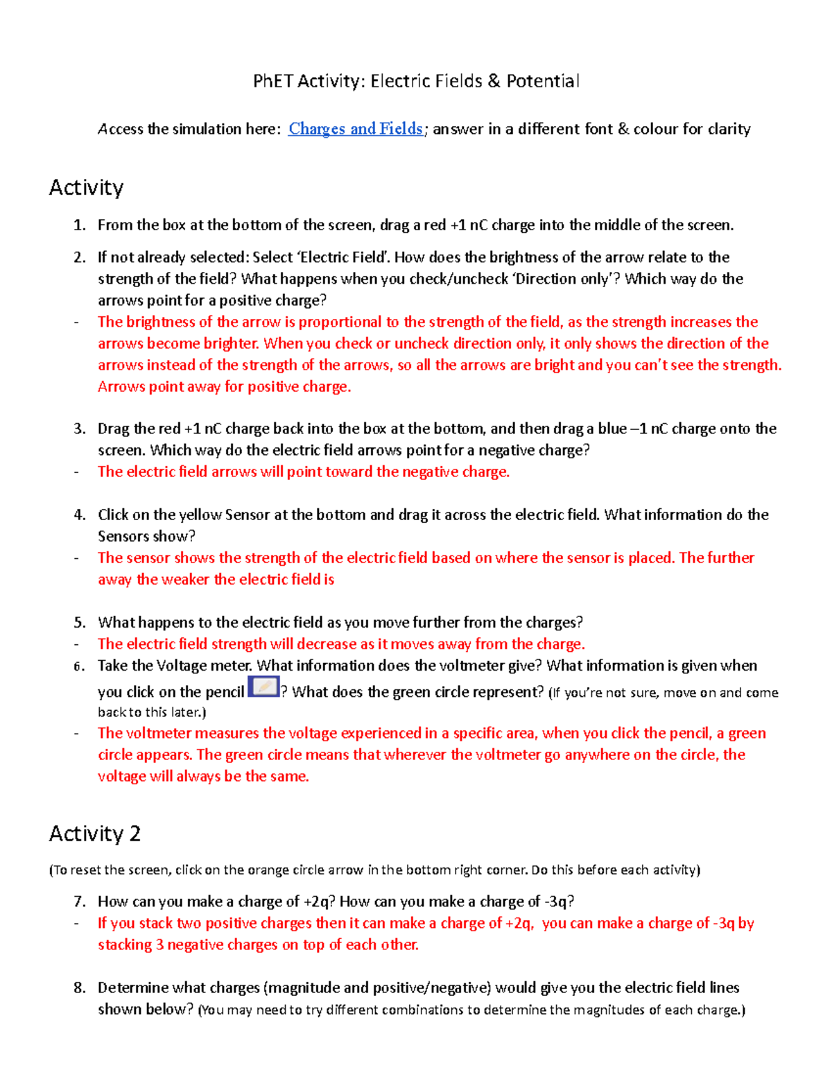 Ph ET Activity Charges and Fields - PhET Activity: Electric Fields ...