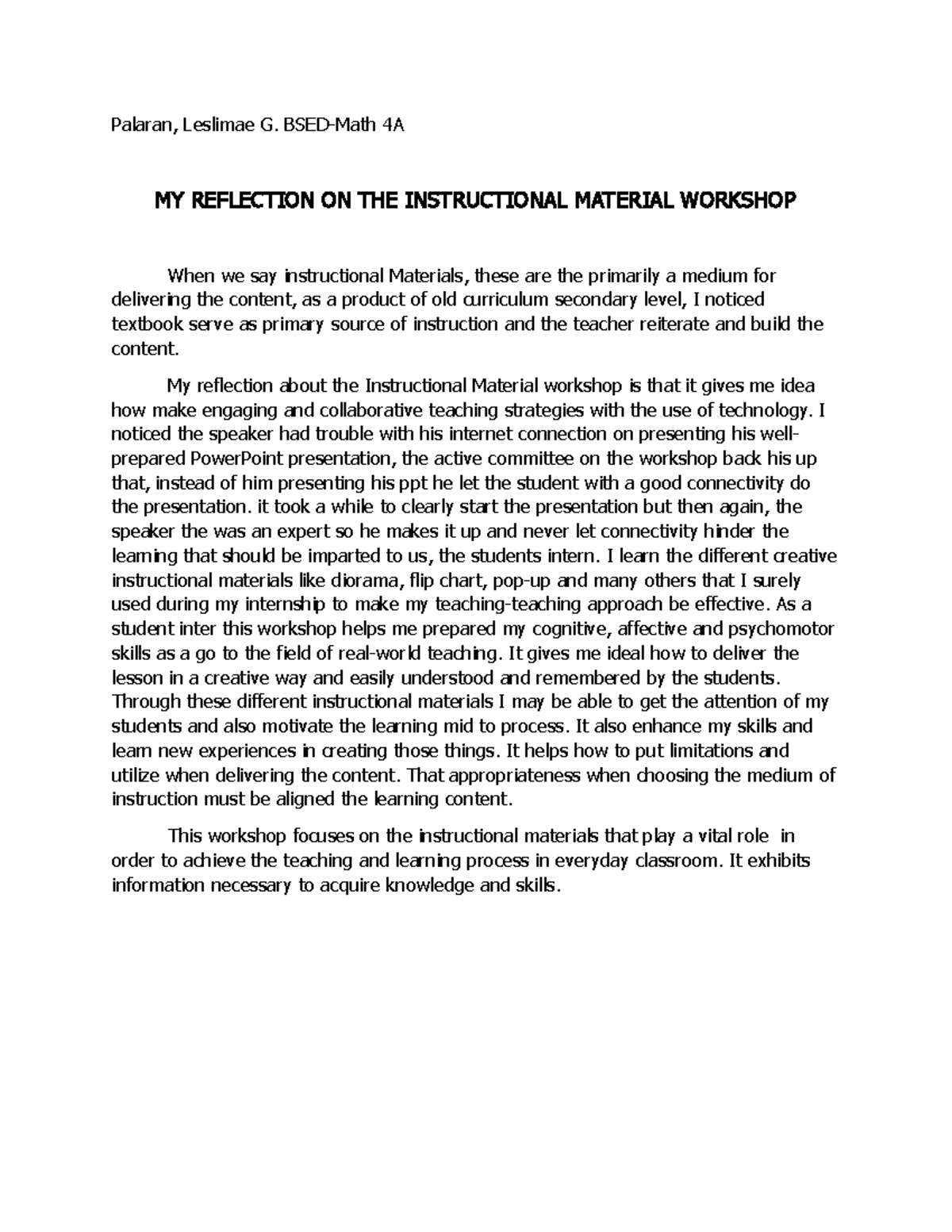 Palaran ( Reflection Paper) - Palaran, Leslimae G. BSED-Math 4A MY ...