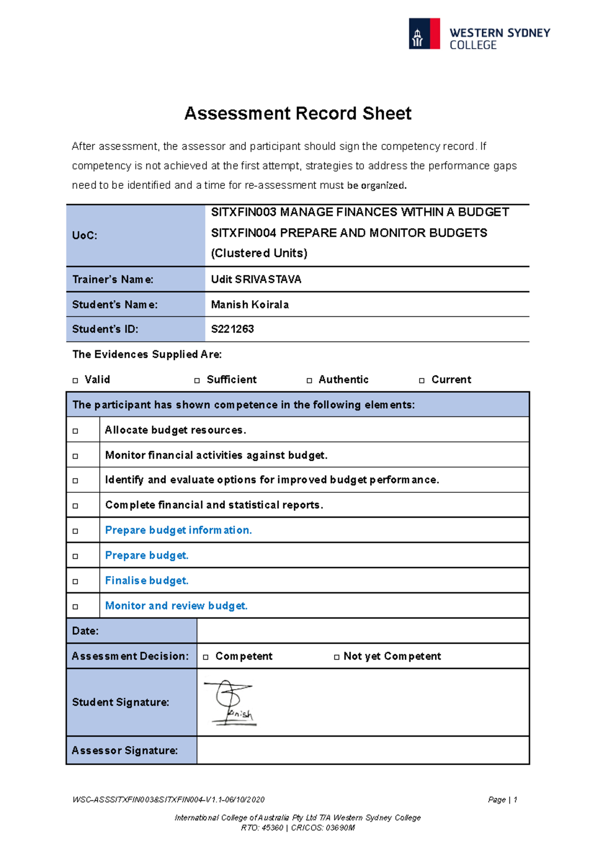 Manish Koirala S221263 Sitxfin 003-004 Final Record Sheet V 1 ...
