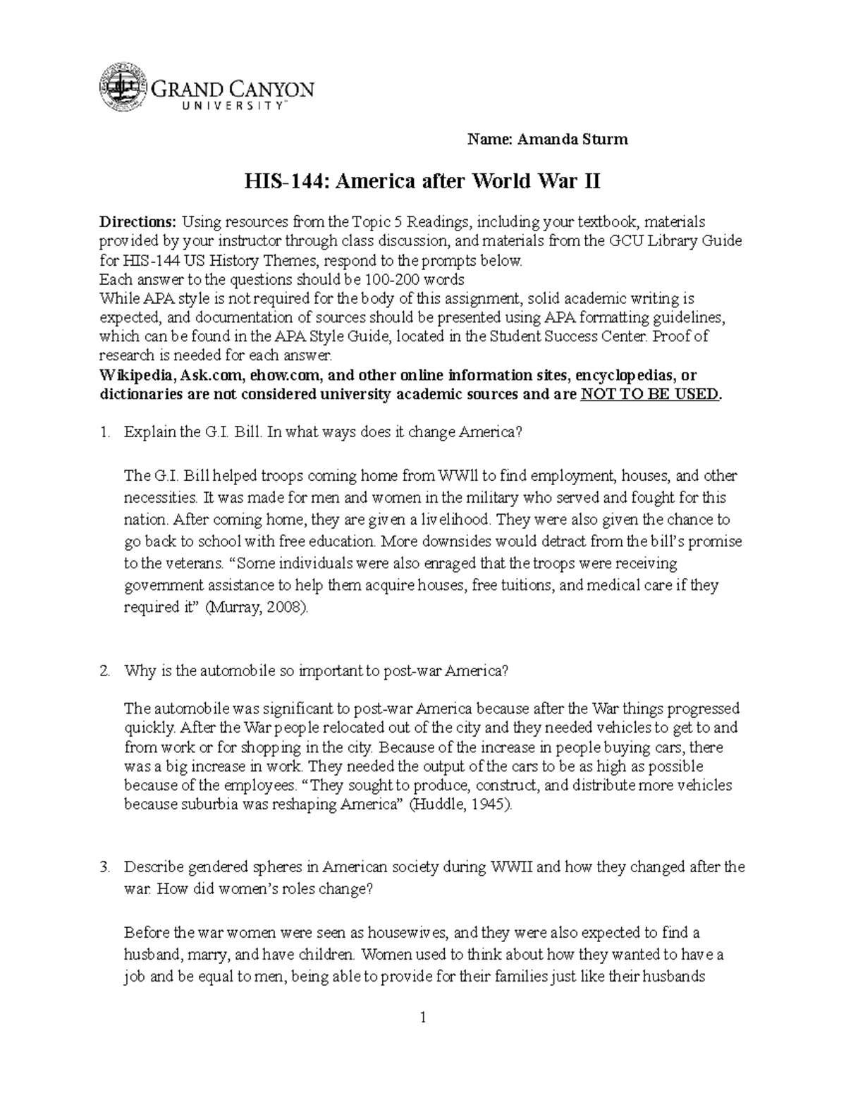 America after WWII Worksheet - Name: Amanda Sturm HIS-144: America ...
