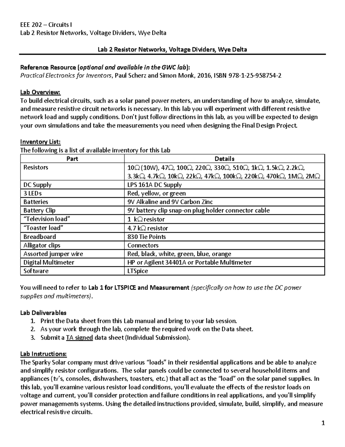 EEE 202 Lab 2 Resistor Networks Voltage Dividers Wye Delta - EEE 202 – Circuits I Lab 2 Resistor ...