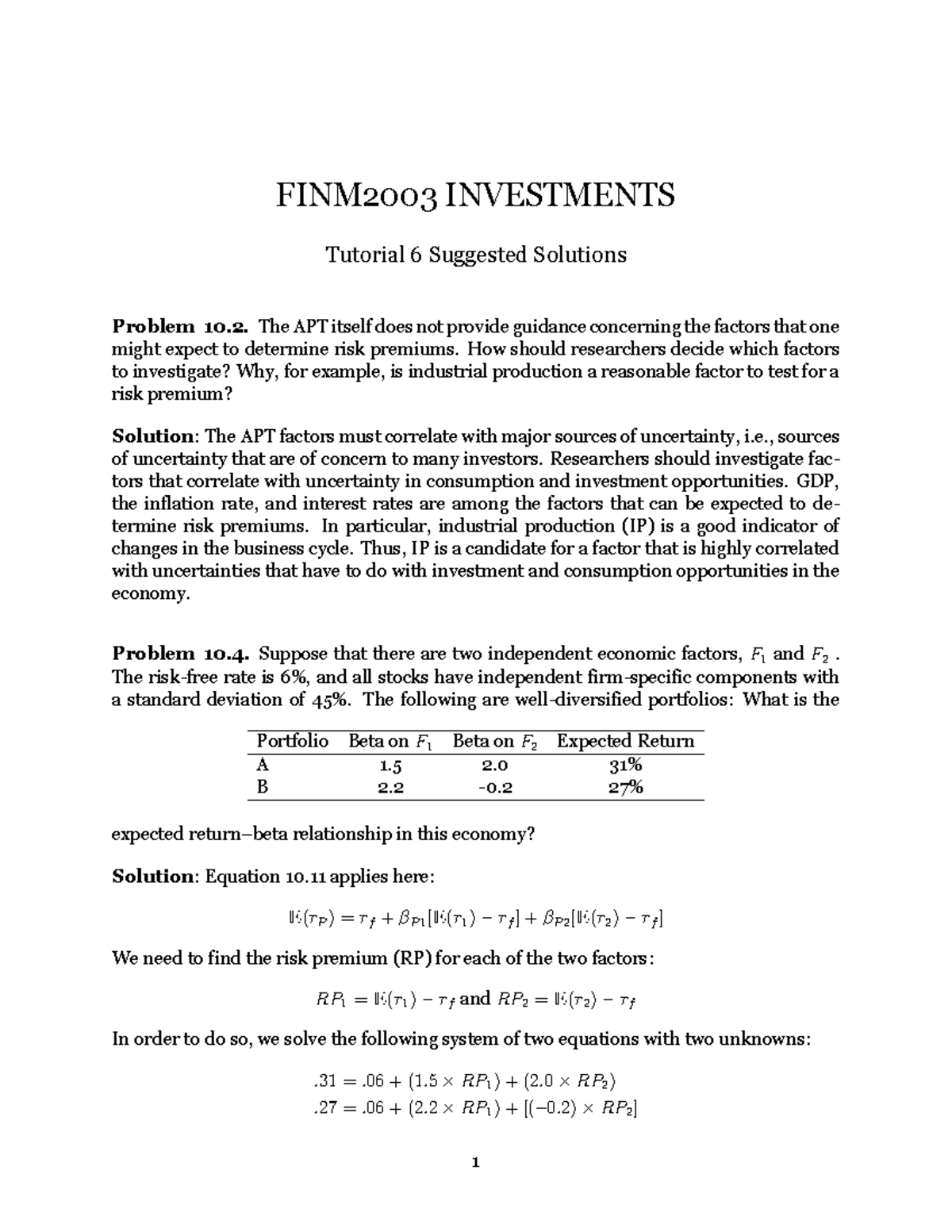 Tutorial 6 sol - questions FOR LECTURE - FINM2003 INVESTMENTS Tutorial ...