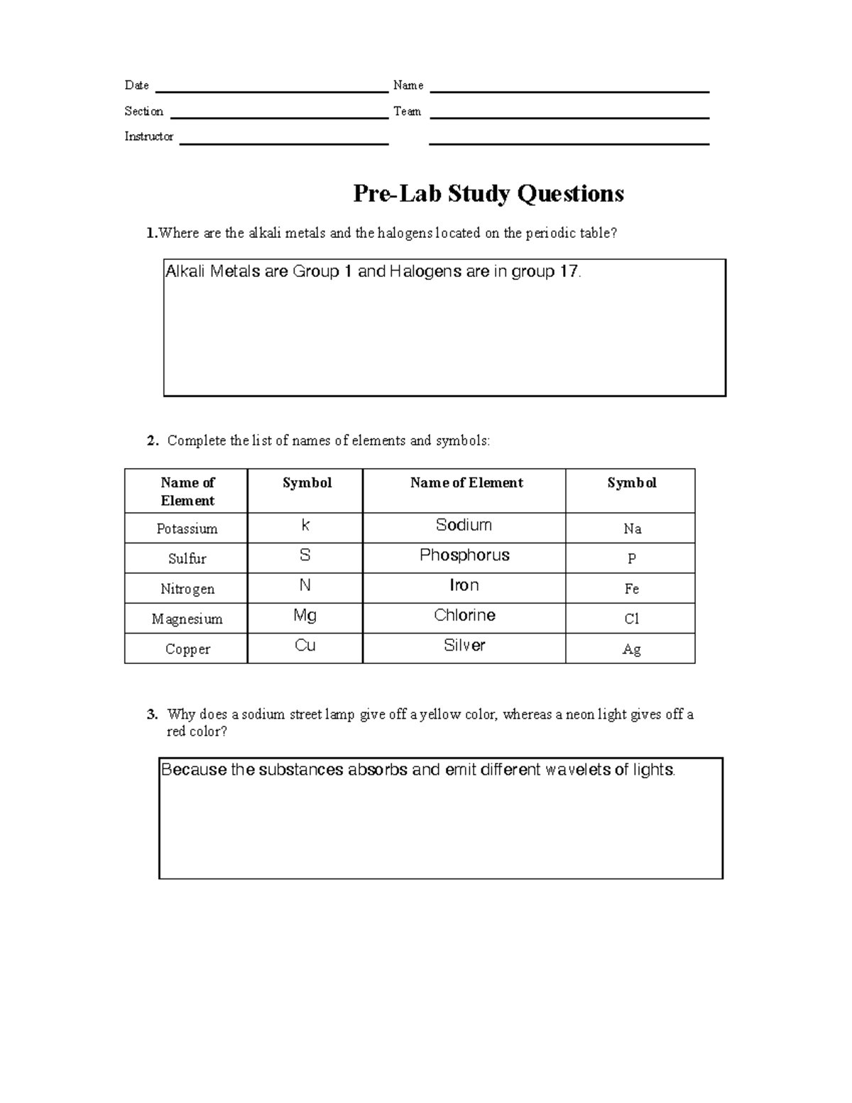 Atoms and Elements - Pre-Lab Study Questions Where are the alkali ...
