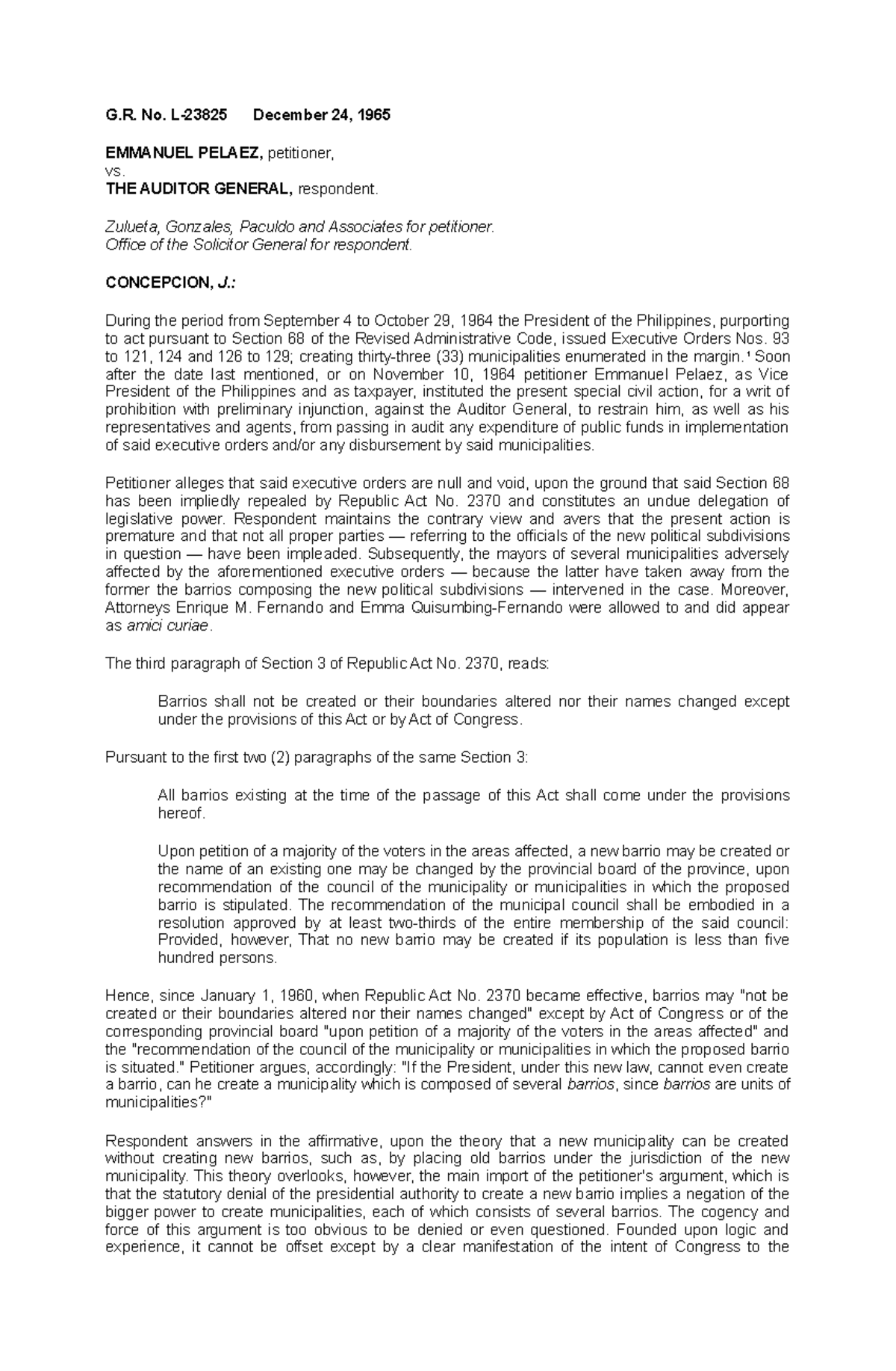 pelaez vs. auditor general full text - G. No. L-23825 December 24, 1965 ...