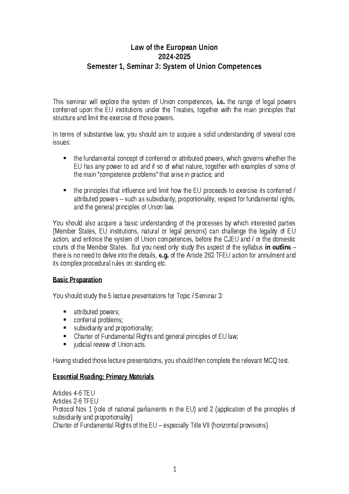 EU 24-25 Seminar 3 - Law of the European Union 2024- Semester 1 ...
