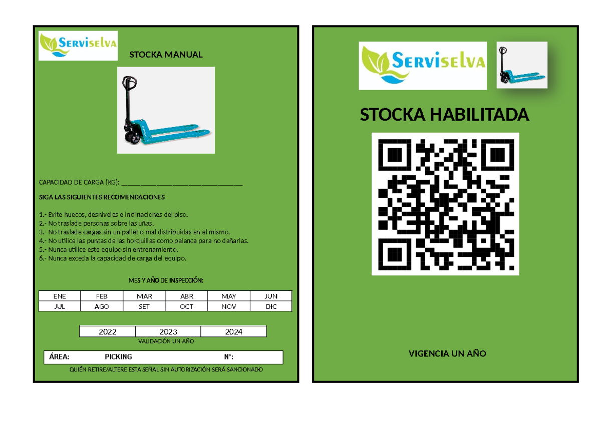 Cartilla estoca - Serviselva - STOCKA MANUAL CAPACIDAD DE CARGA (KG ...
