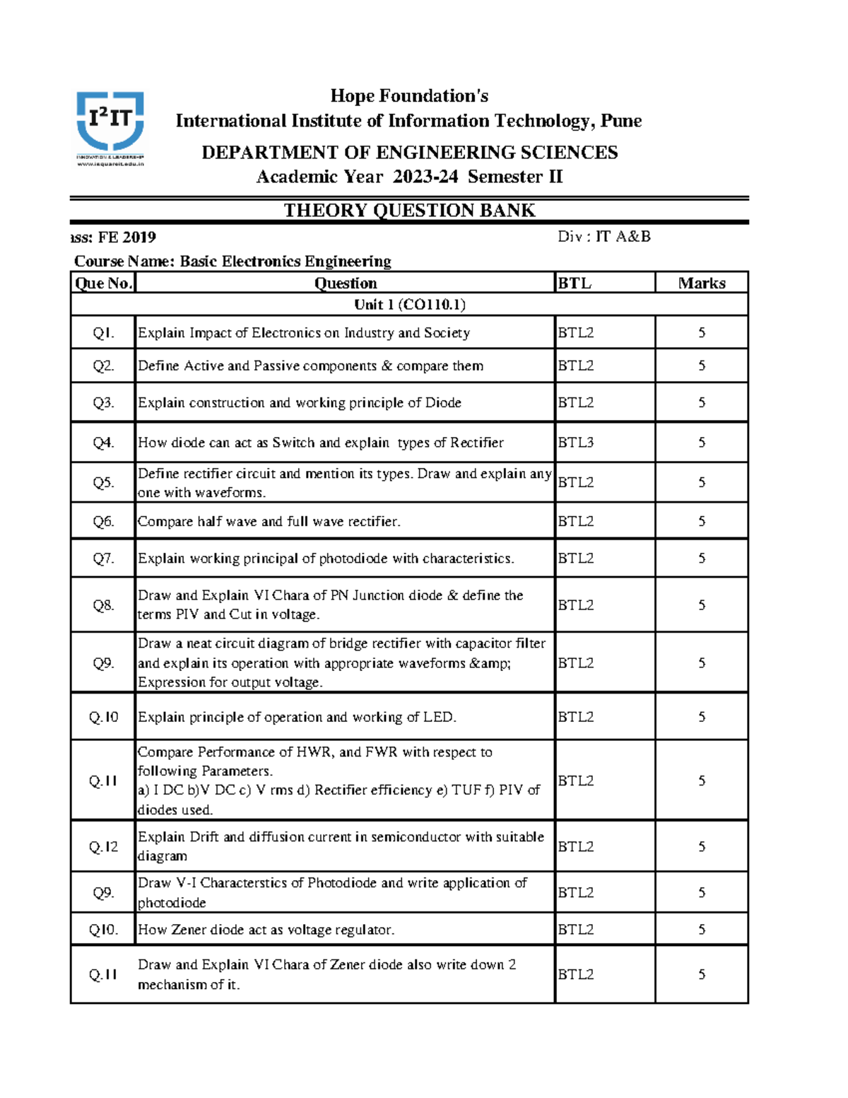 BXE unit 1&2 QB - Class: FE 2019 Que No. Question BTL Marks Q1. Explain ...