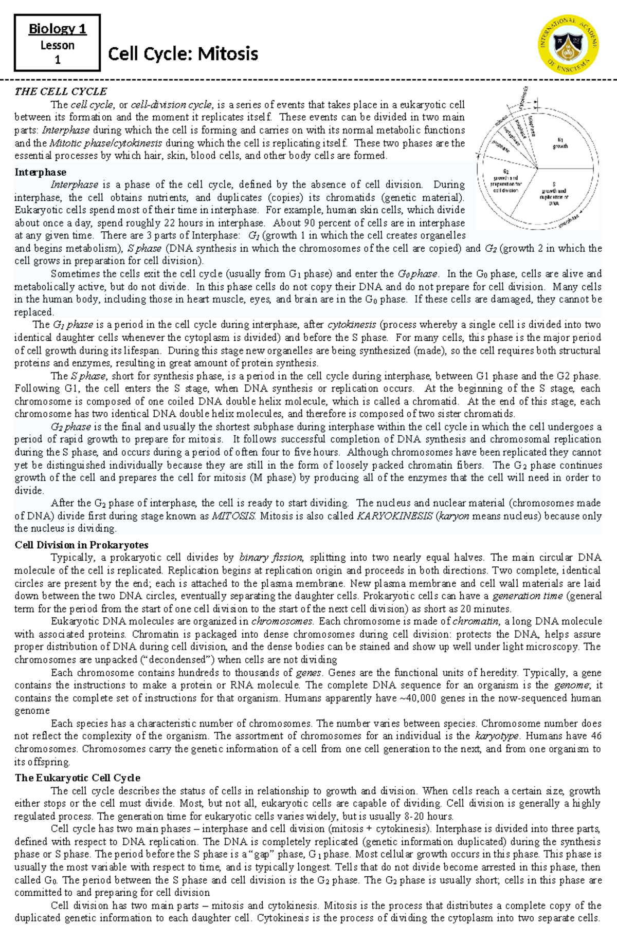 Lesson 1 Cell-Cycle-Mitosis - Cell Cycle: Mitosis Lesson 1 On THE CELL ...