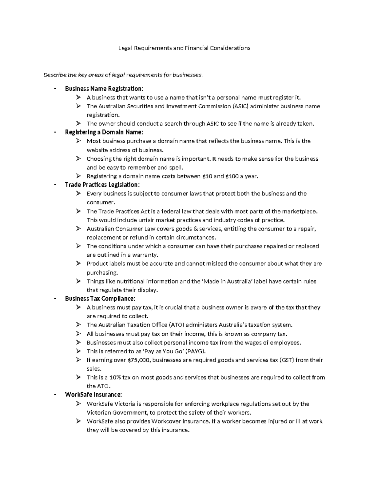Unit 2 AOS 1 Revision Sheet - Business Management - Legal Requirements ...