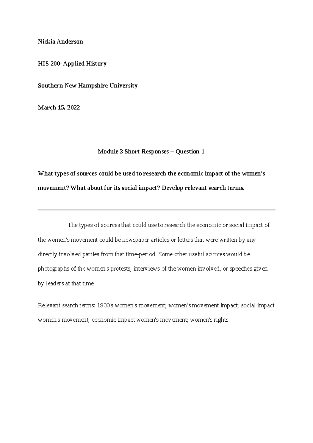Module Three- Short Answer Responses - Nickia Anderson HIS 200- Applied ...