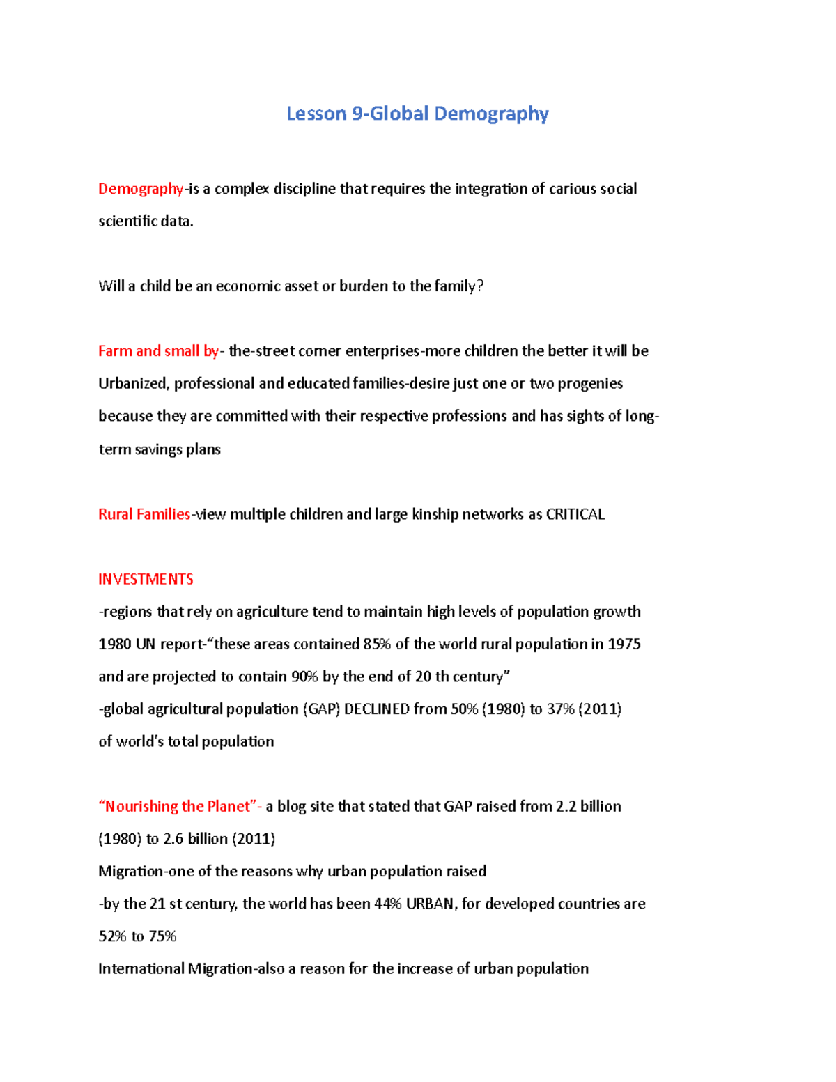 Lesson 9 - GLOBAL DEMOGRAPHY - Lesson 9-Global Demography Demography-is ...