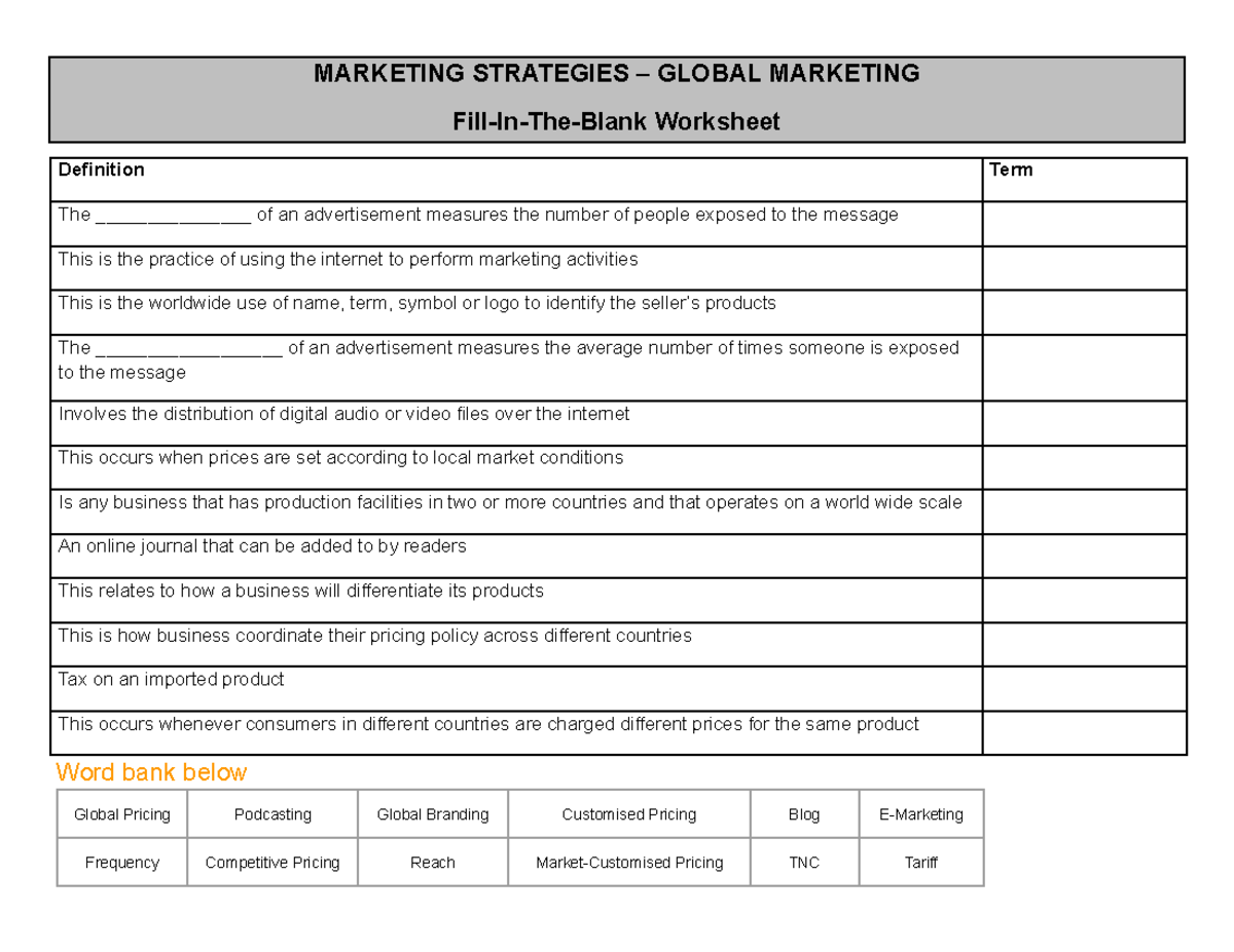 Marketing worksheet - MARKETING STRATEGIES – GLOBAL MARKETING Fill-In ...