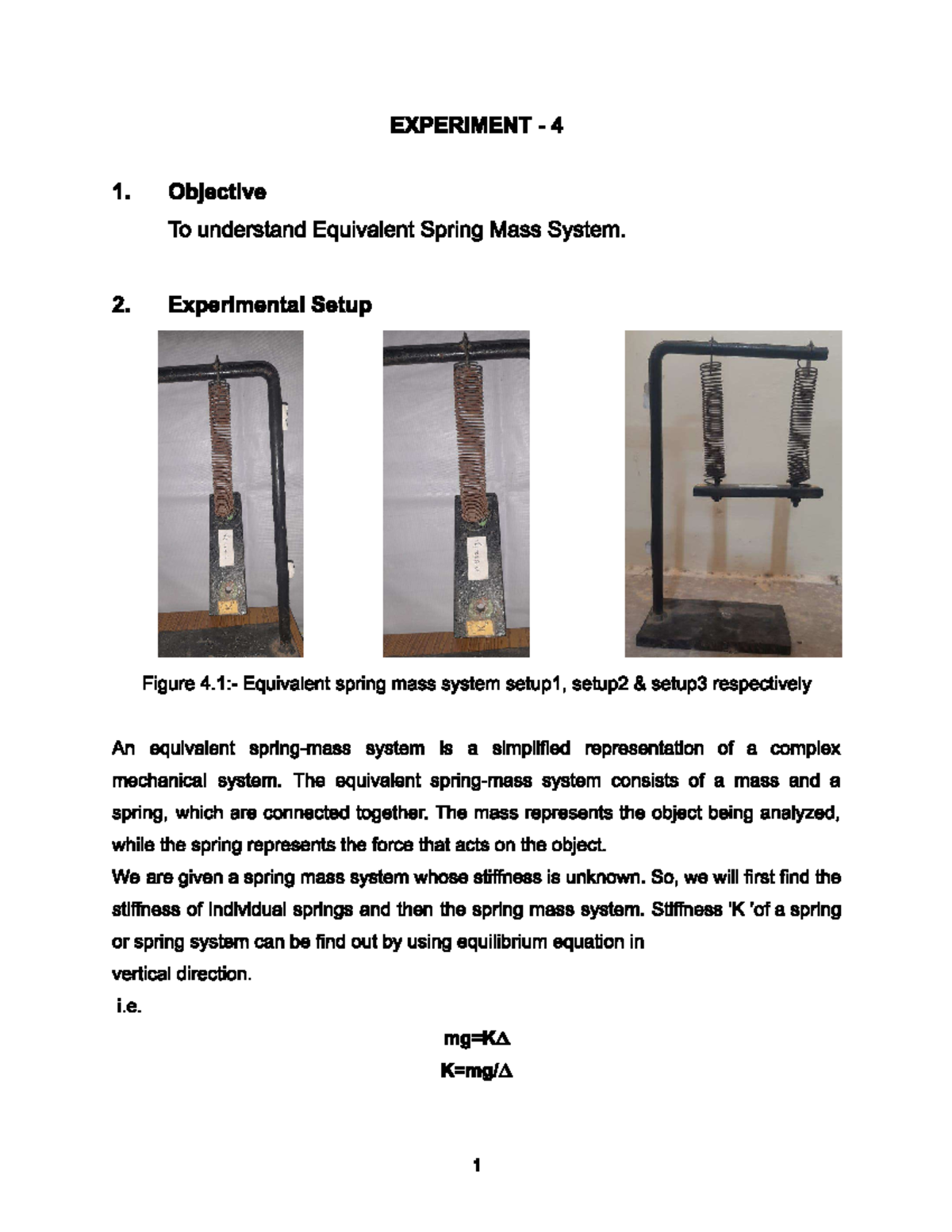 Vibration Lab Experiment 4 - Understanding Equivalent Spring Mass System - EXPERIMENT 4 1 ...