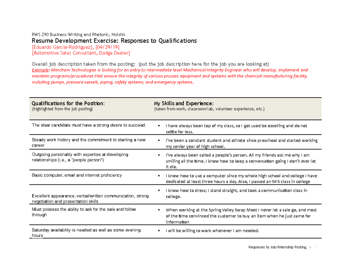 In class rws turn it in - worth 100 points part of the - RWS 290 ...