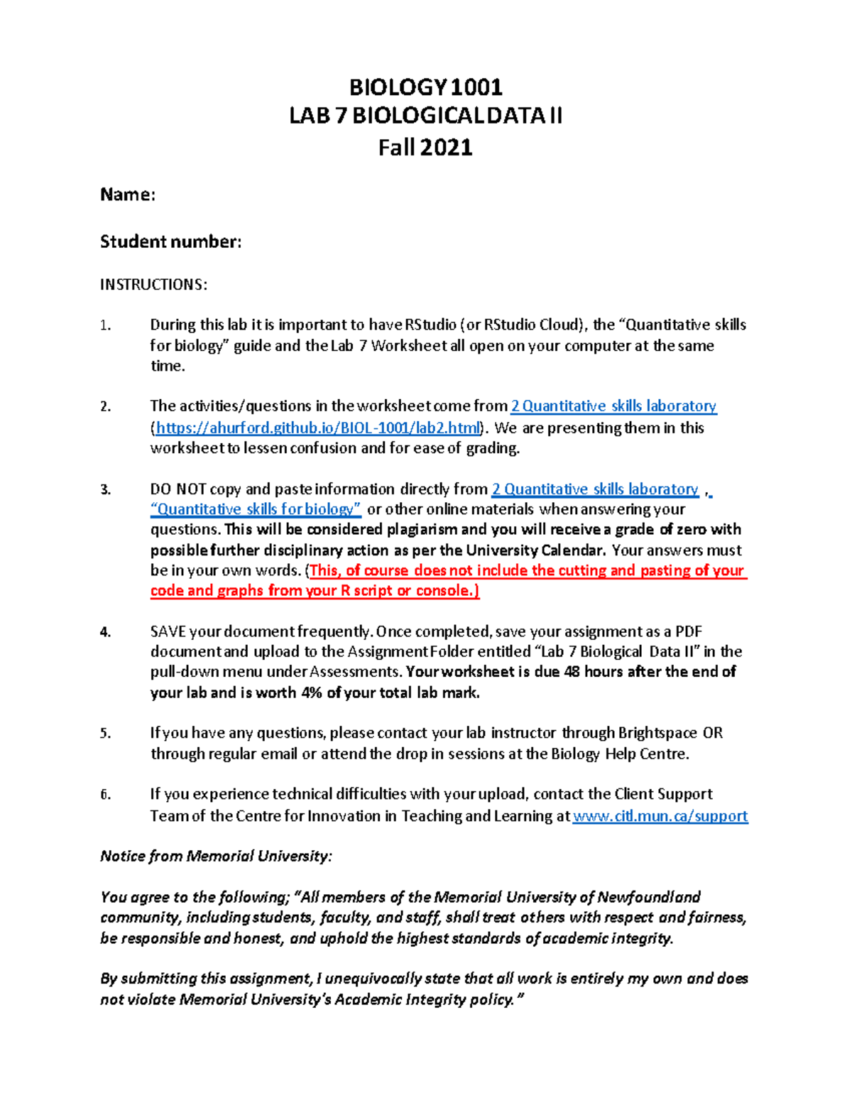 Lab 7 - lab 7 - BIOLOGY 1001 LAB 7 BIOLOGICAL DATA II Fall 2021 Name ...