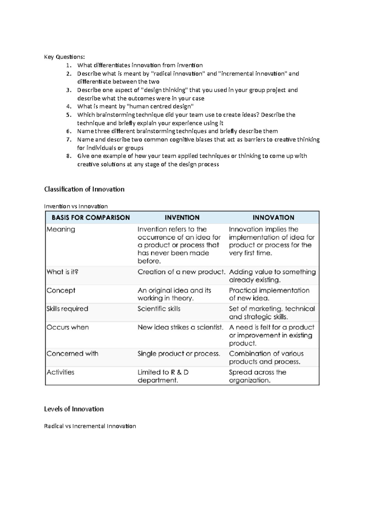 Design and Innovation Fundamentals Summary Notes 3 - Key Questions: 1 ...