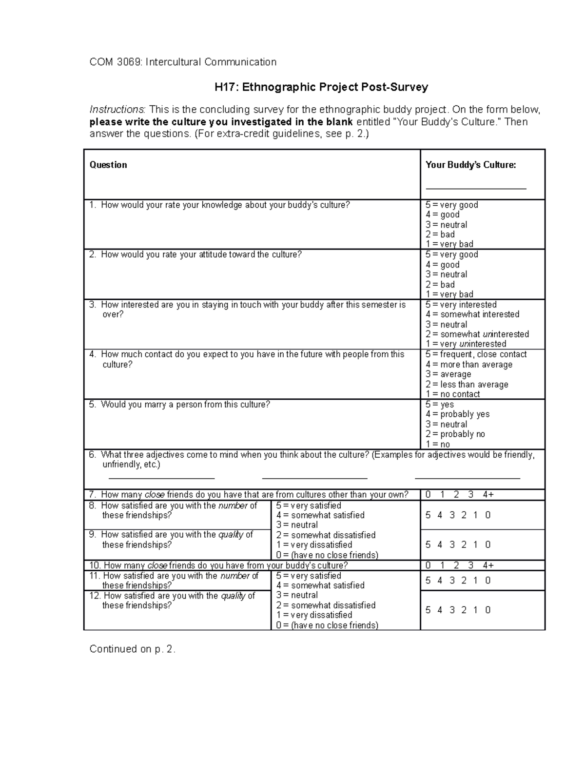 H17 EP Buddy Post-Survey(1) - COM 3069: Intercultural Communication H17 ...