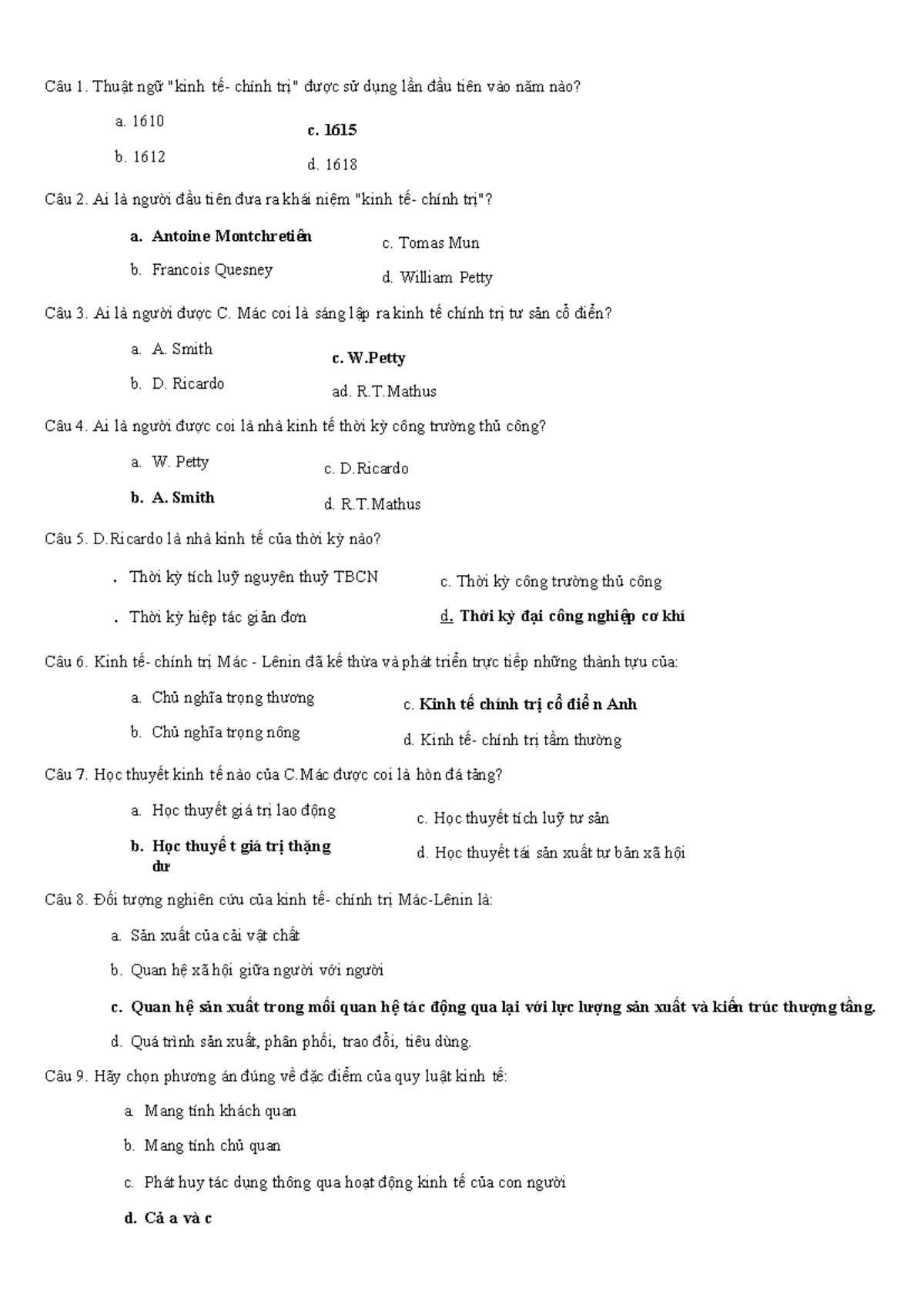Kinh t chinh tr 689 cau trc nghim co - Câu 1. Thuật ngữ "kinh tế- chính trị" được sử dụng - Studocu