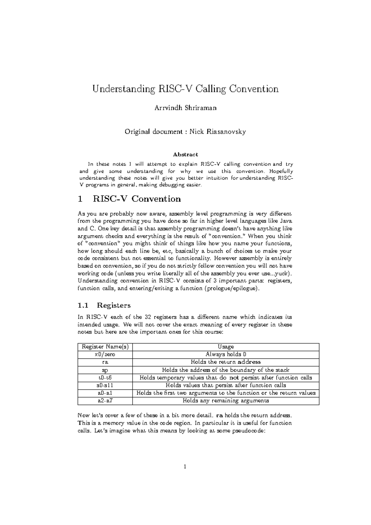 Riscv Procedures - Understanding RISC-V Calling Convention Arrvindh Shriraman Original document ...
