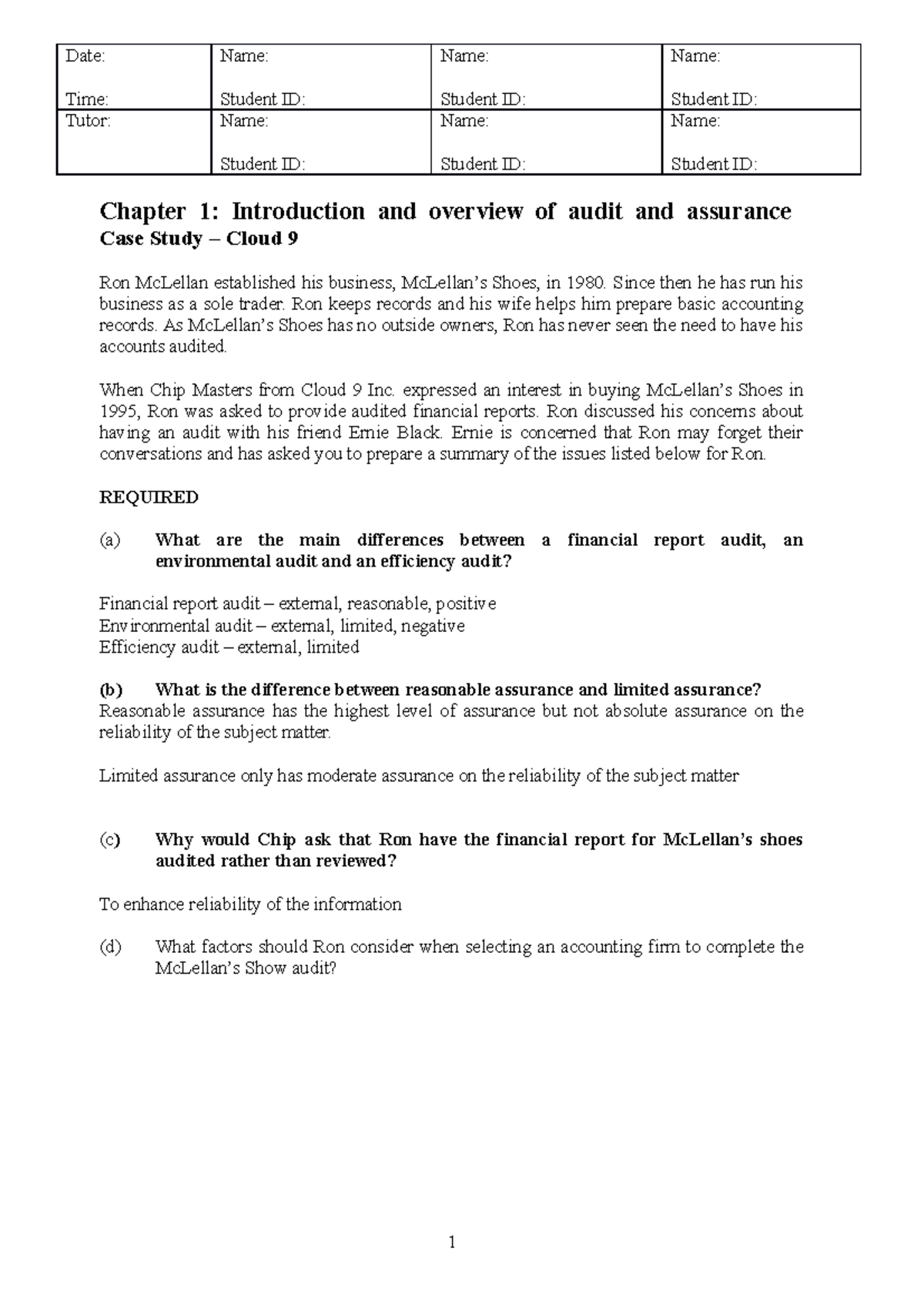 Tutorial questions for week 1 - Date: Time: Name: Student ID: Name ...