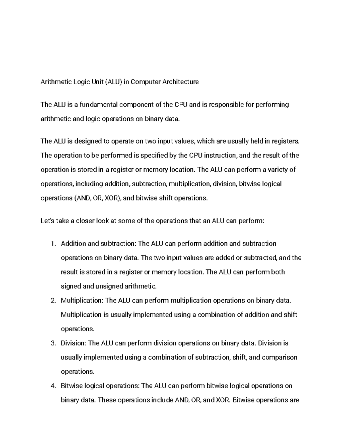 Arithmetic Logic Unit (ALU) in Computer Architecture - The ALU is ...
