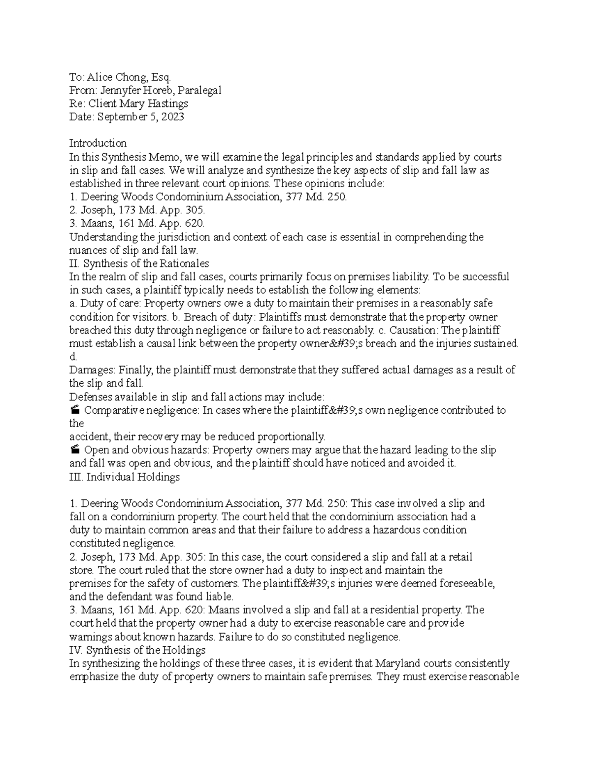 LGST 201 Project 1 - Essay - To: Alice Chong, Esq. From: Jennyfer Horeb ...