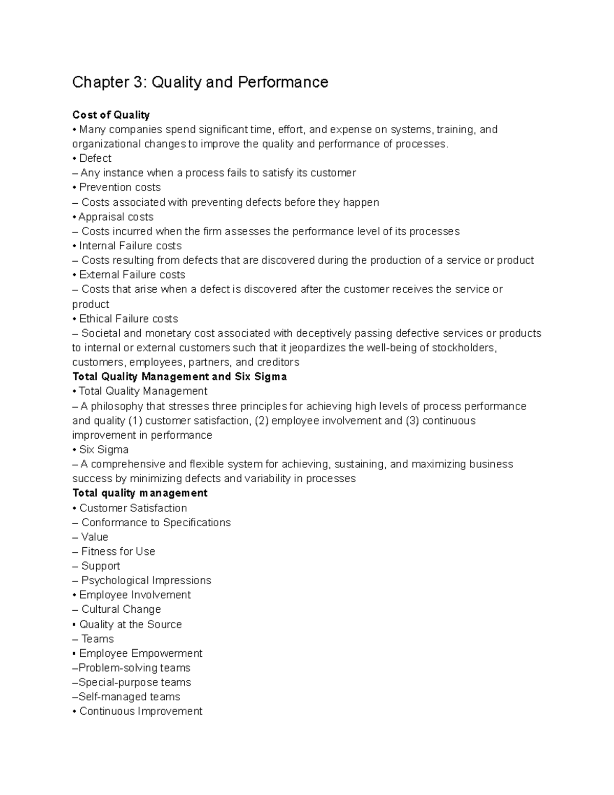 Operations Management Chapter 3 - Chapter 3: Quality and Performance ...