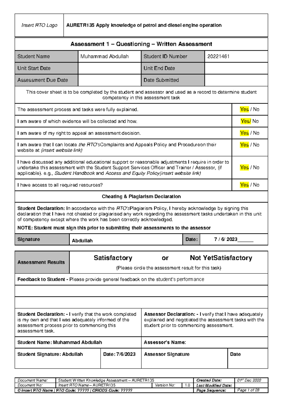 Assessment 1 Student Questioning Written Knowledge Assessment Auretr ...