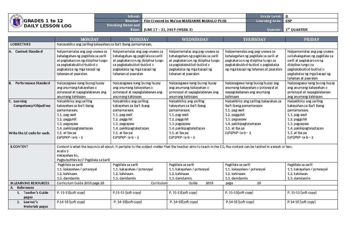 DLL ESP 2 Q1 W3 - GRADES 1 to 12 DAILY LESSON LOG School: Grade Level ...