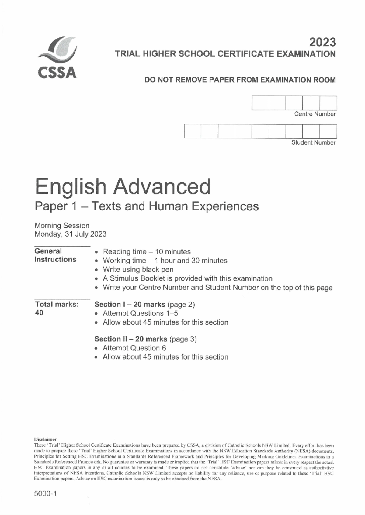 12EADV Task 4 2023 - CSSA Trial Paper 1 - — 2023 LI TRIAL HIGHER SCHOOL CERTIFICATE EXAMINATION ...
