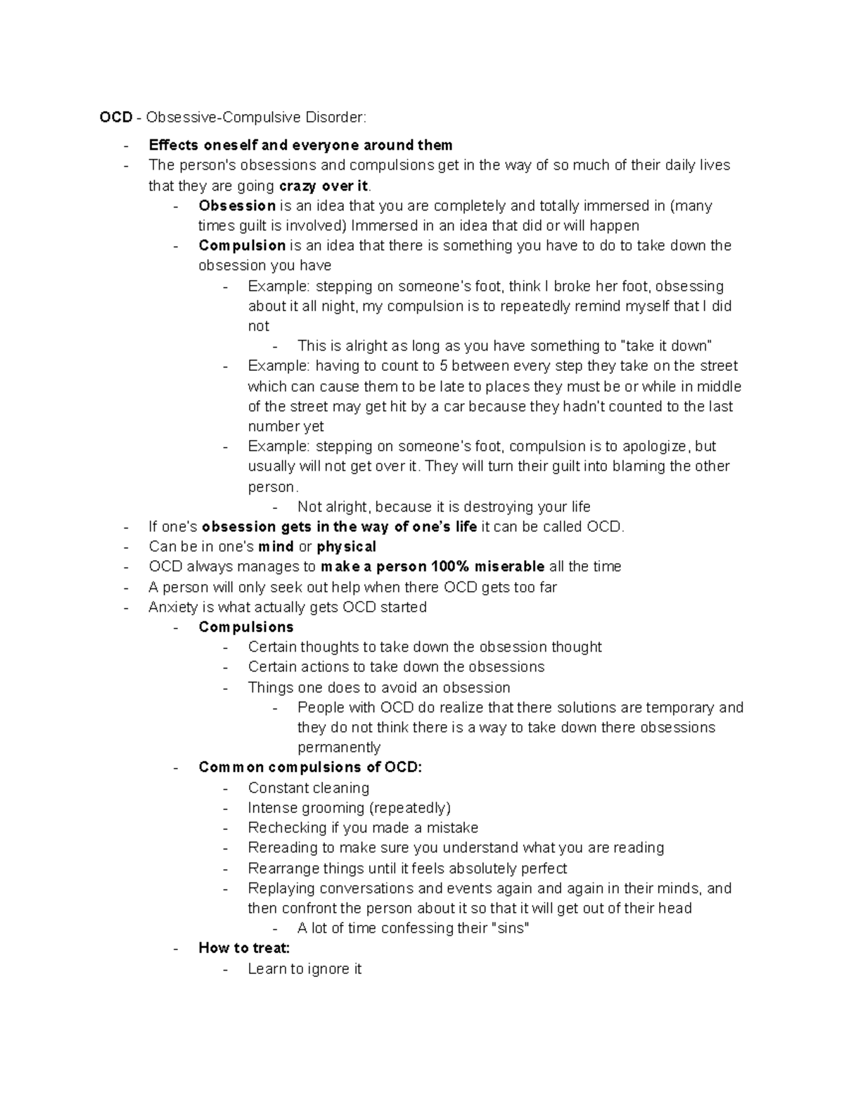 Psychology OCD PT2 - Detailed Lecture notes pt2 into to psych101 - OCD ...