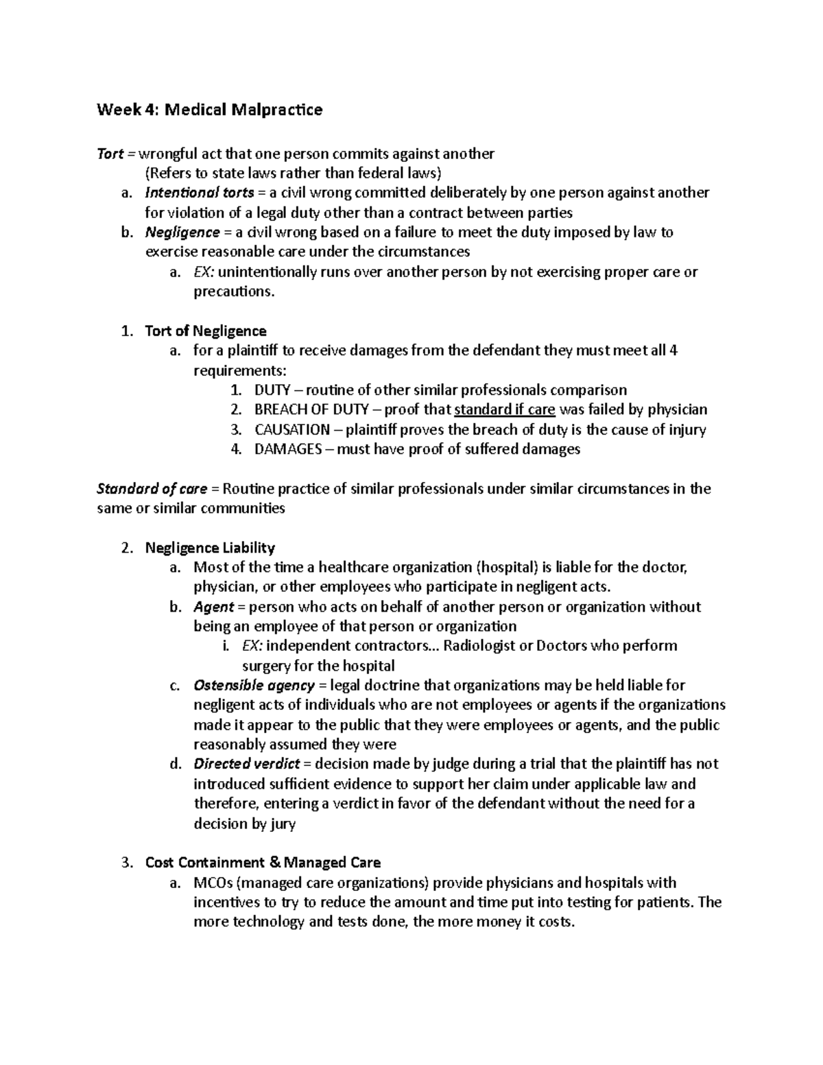 Medical Malpractice - Week 4: Medical Malpractice Tort = wrongful act ...