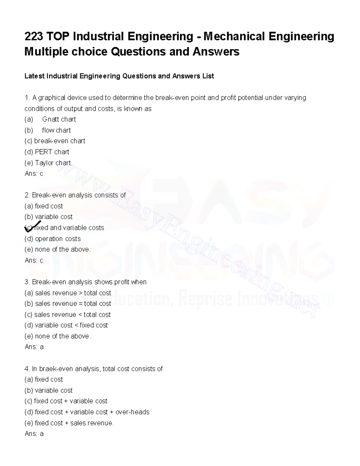 Industrial Engineering MCQs PDF - 223 TOP Industrial Engineering ...