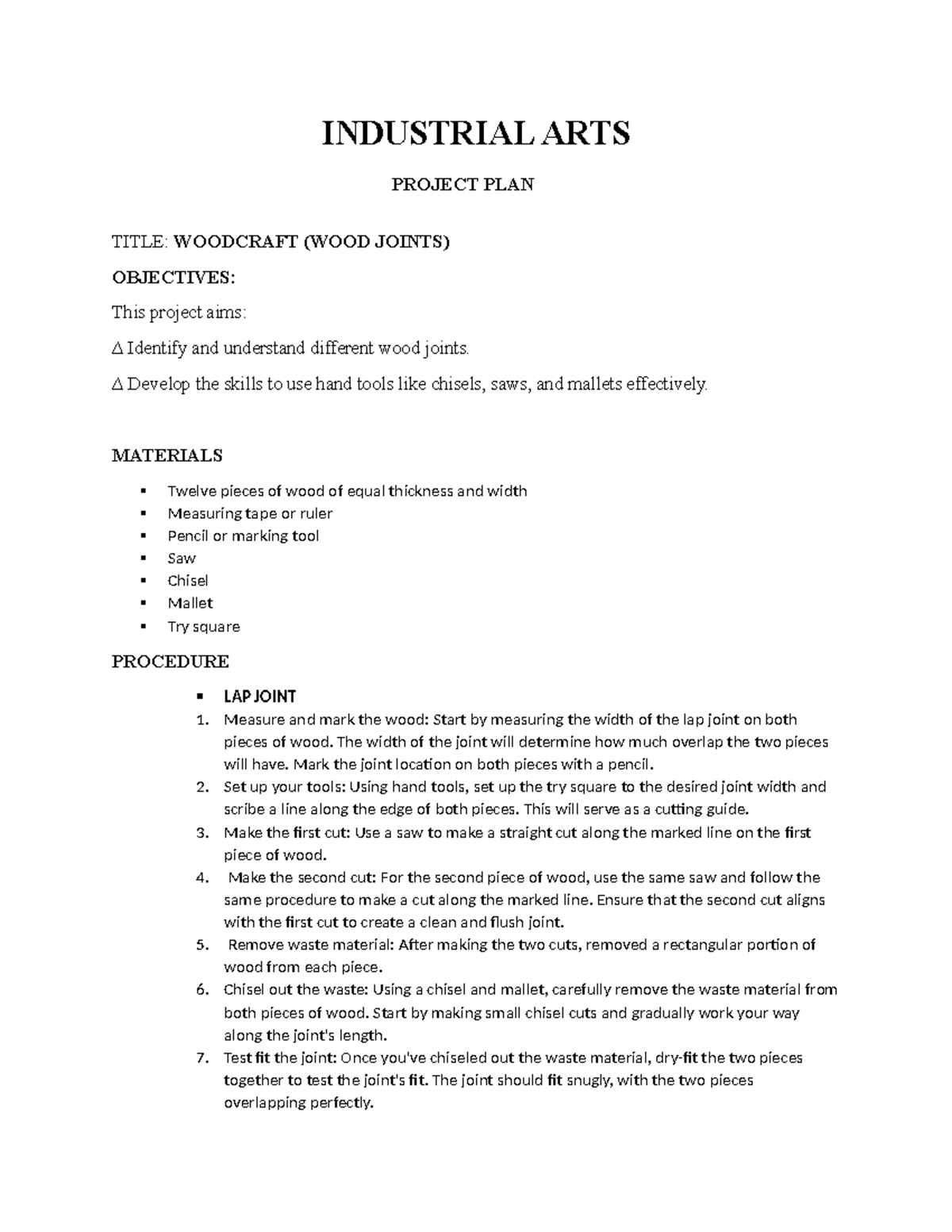 Wood Joints - INDUSTRIAL ARTS PROJECT PLAN TITLE: WOODCRAFT (WOOD ...