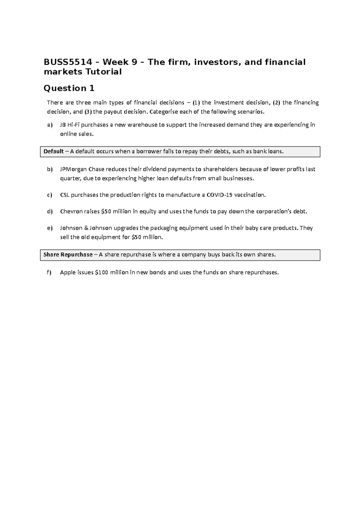 Week 9 Tutorial work - BUSS5514 – Week 9 – The firm, investors, and financial markets Tutorial ...