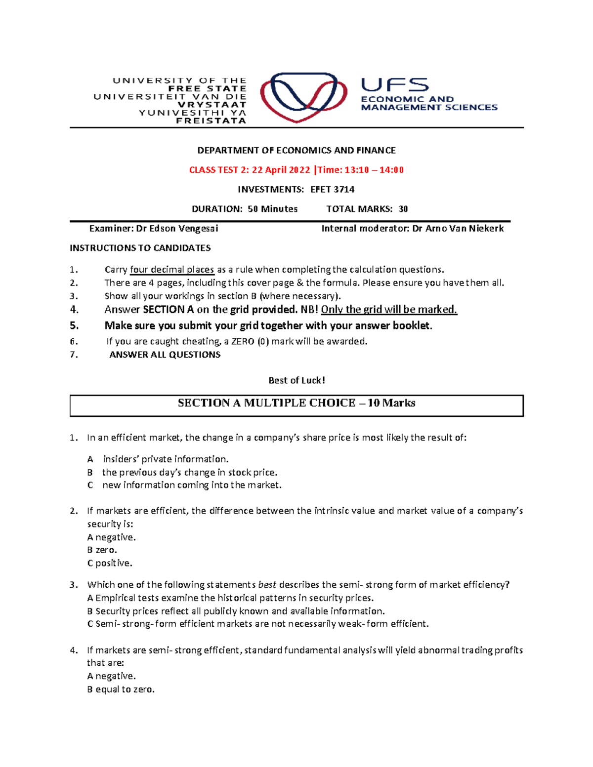 Class Test 2 Qs - DEPARTMENT OF ECONOMICS AND FINANCE CLASS TEST 2: 22 ...