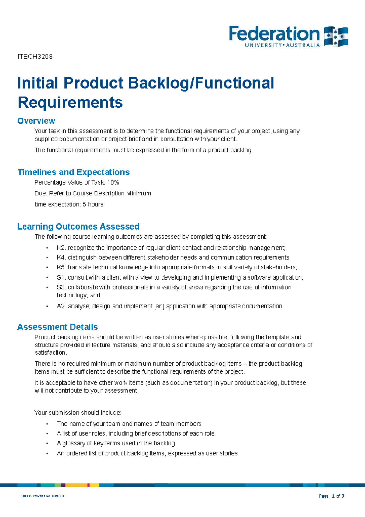Assessment - Initial Product Backlog Functional Requirements - ITECH ...