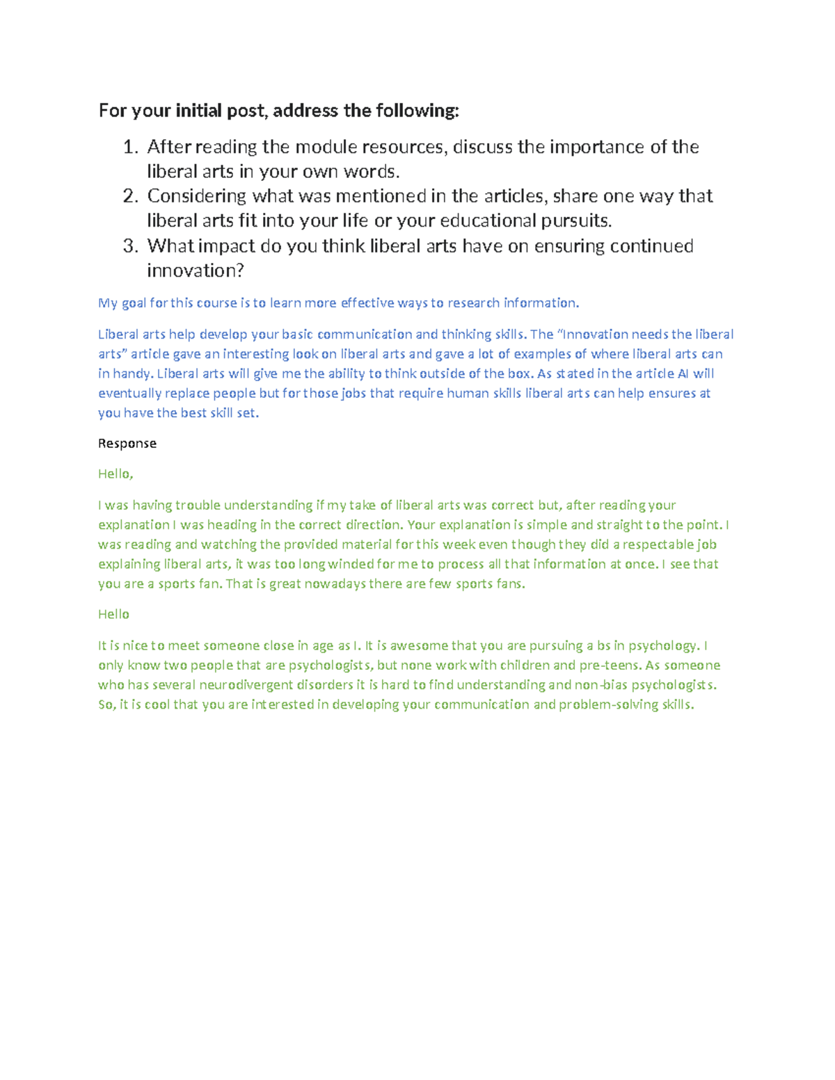 Document 1 - week 1 discussion post and response - For your initial ...
