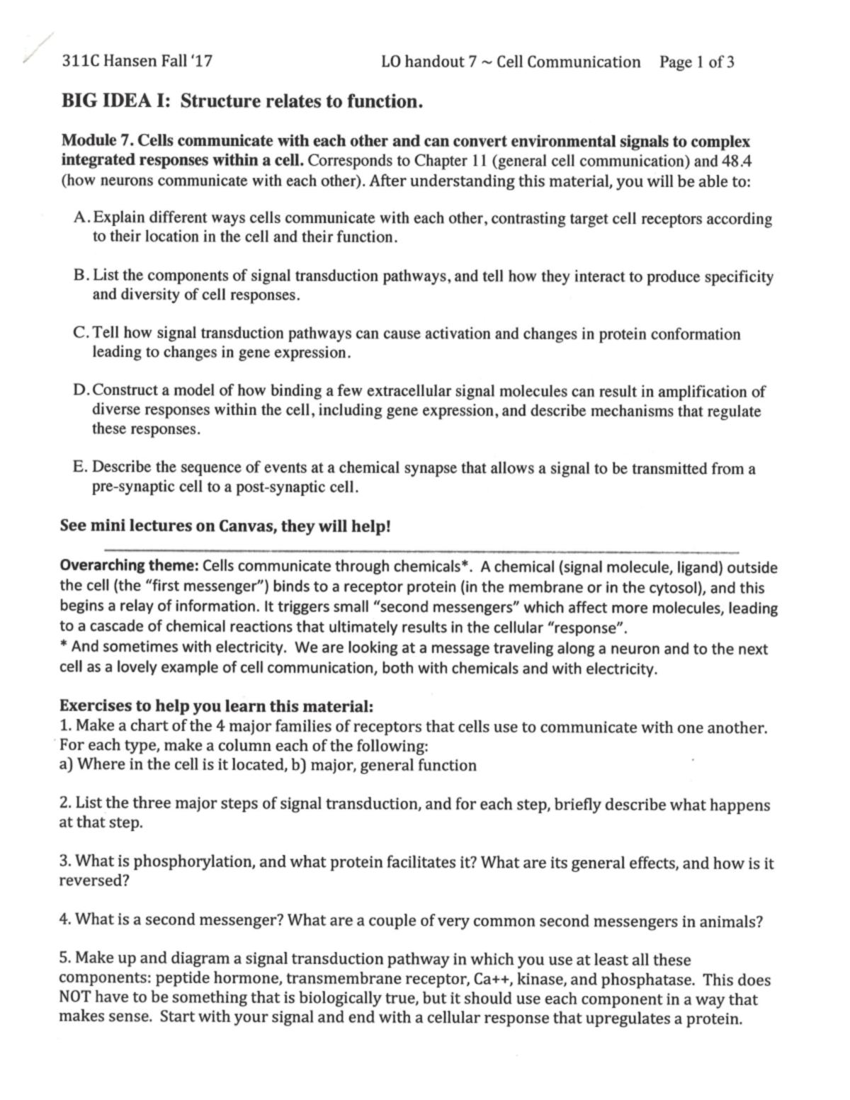 Cell Communication Handout 7 - BIO 311C - Studocu