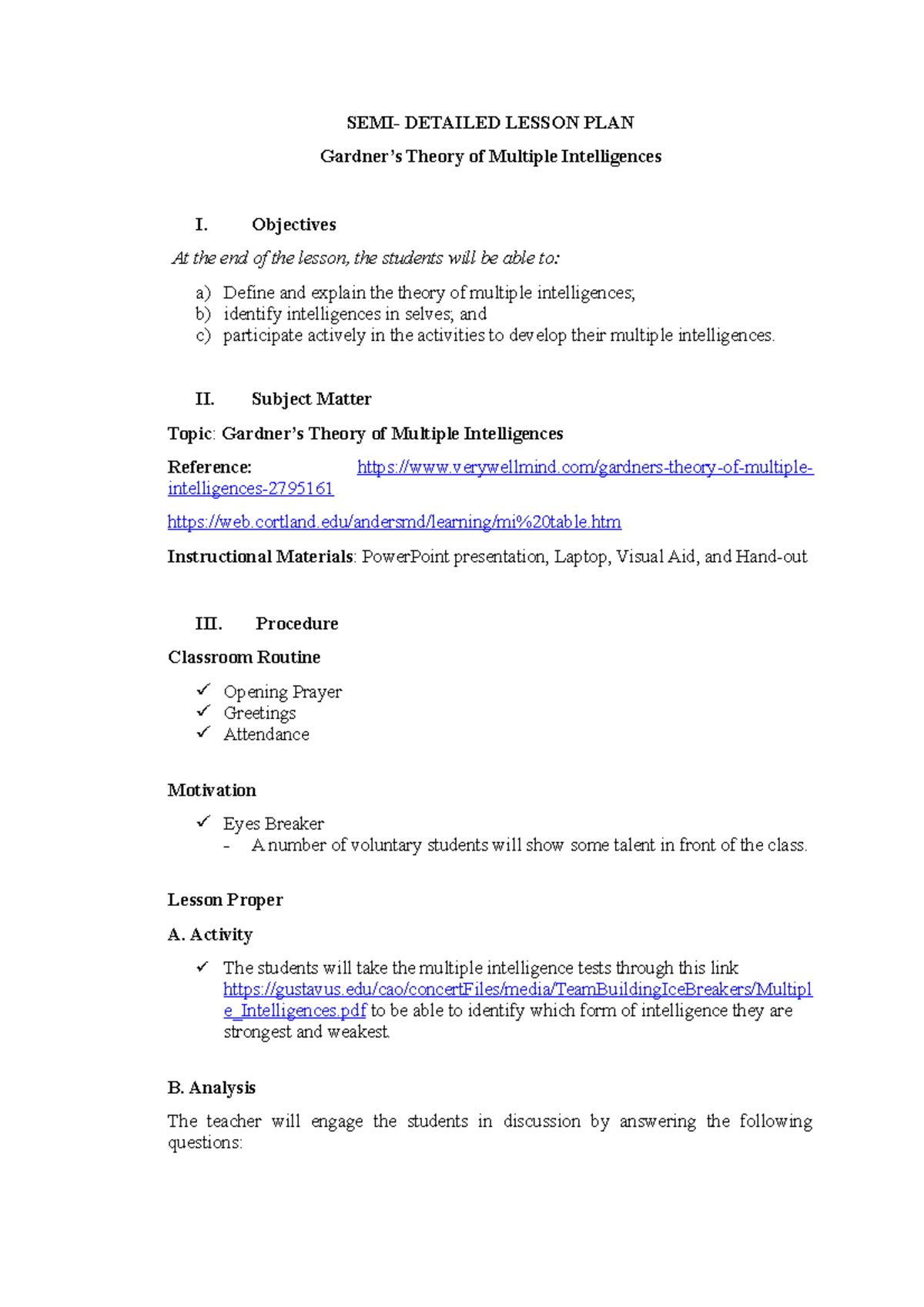 Gardner’s Theory of Multiple Intelligences Semi-detailed Lesson Plan ...