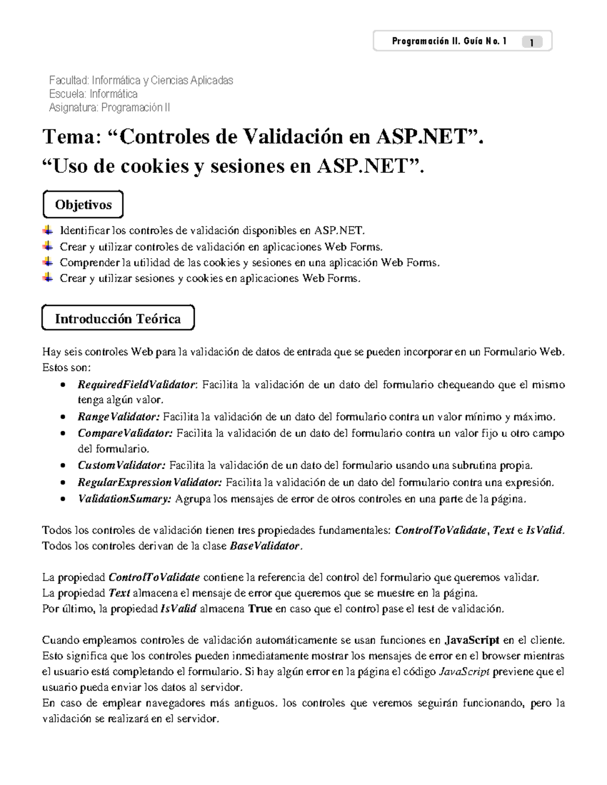 Guía No. 1 Programación II - Tema: “Controles de Validación en ASP”. “Uso de cookies y sesiones ...